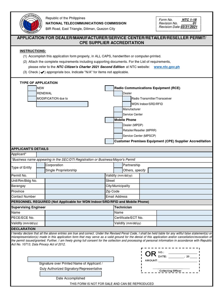 Form No. NTC 1 18 APPLICATION FOR DEALER MANUFACTURER SERVICE CENTER ...