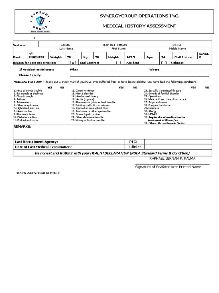 Medical History Assessment Form | PDF | Cough | Diseases And Disorders