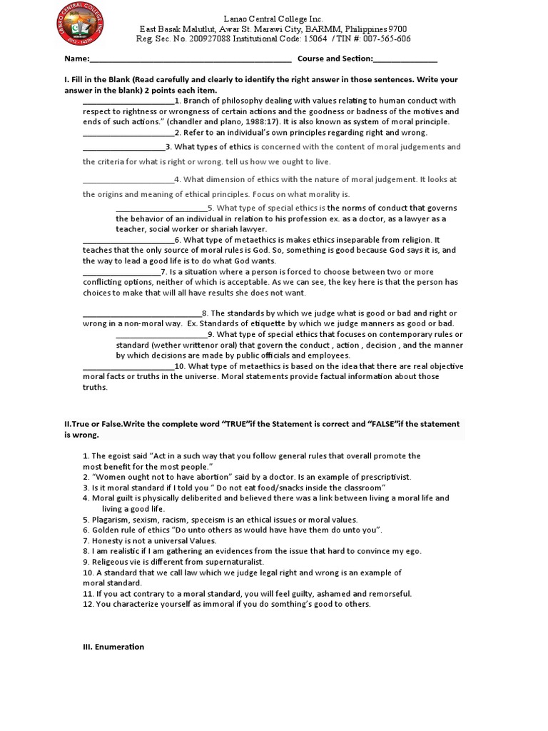 Final Ethics Exam | PDF | Morality | Applied Ethics