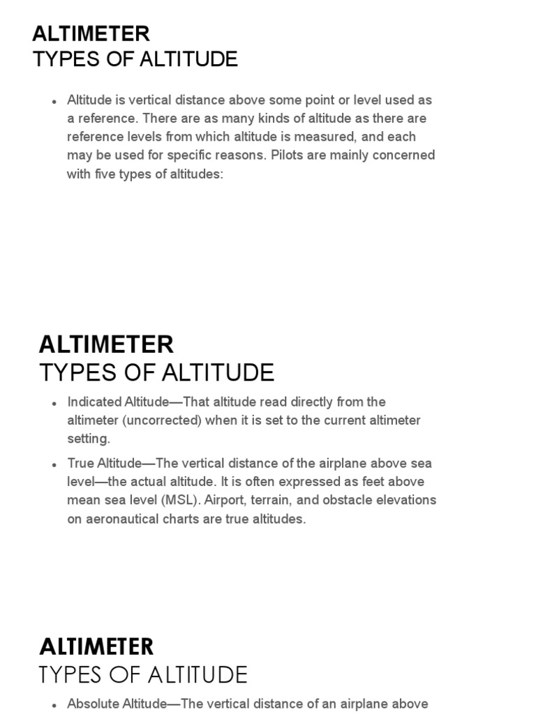 Types of Altitudes and Altimeters | PDF | Altitude | Altimeter