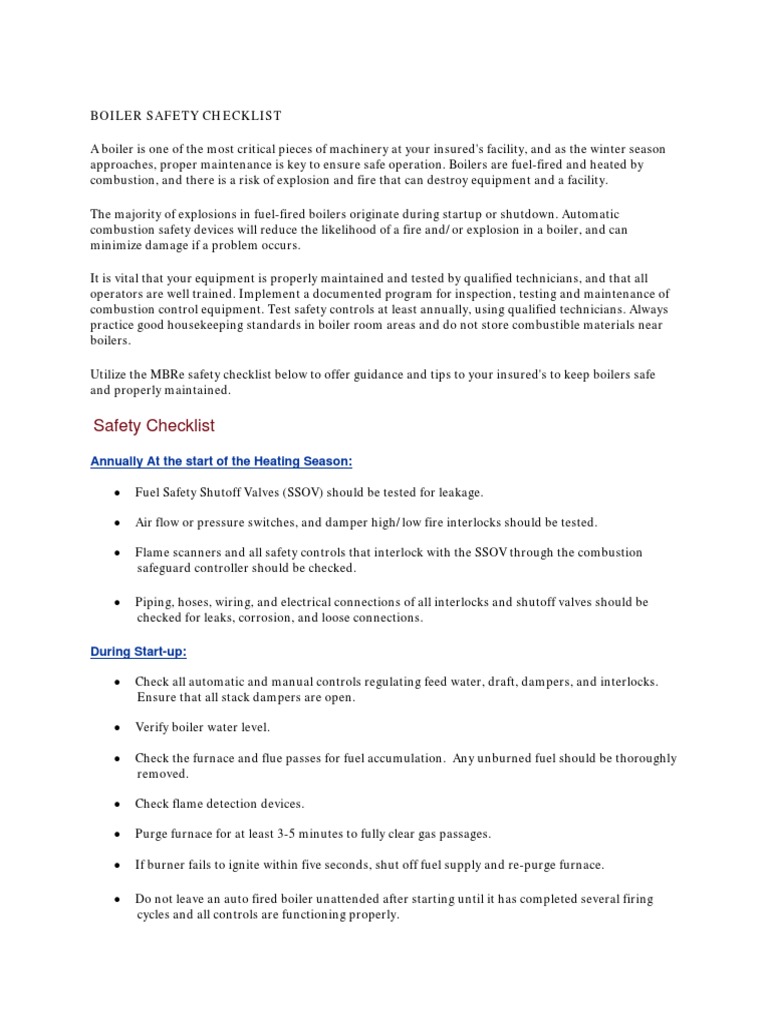 Boiler Safety Checklist | PDF | Boiler | Furnace
