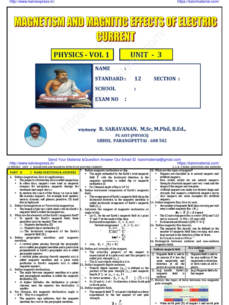 12Th Physics Unit 3 EM Original - Kalvimaterial | PDF | Magnetic Field ...