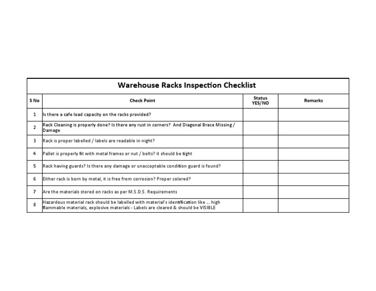 Warehouse Rack Inspection Checklist | PDF