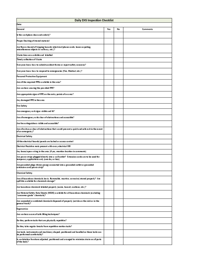 Daily EHS Inspection Checklist: Date: General Yes No Comments | PDF | Personal Protective ...