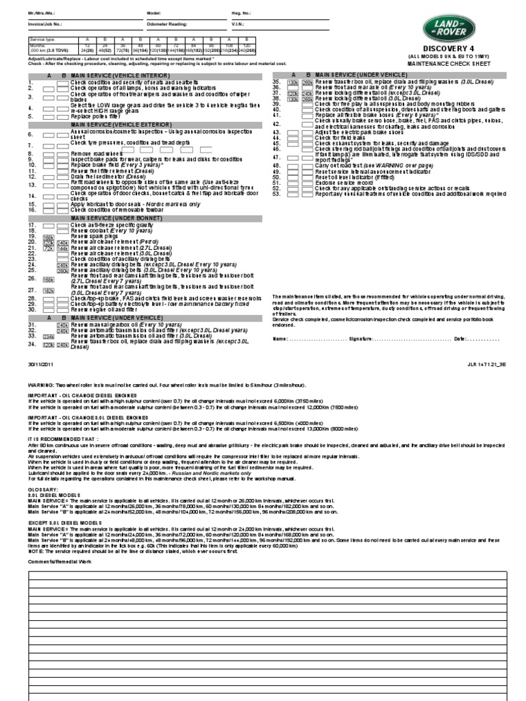 D4 Maintenance Check Sheet - Discovery 4 (LA) All Models - UK EU - 10 ...