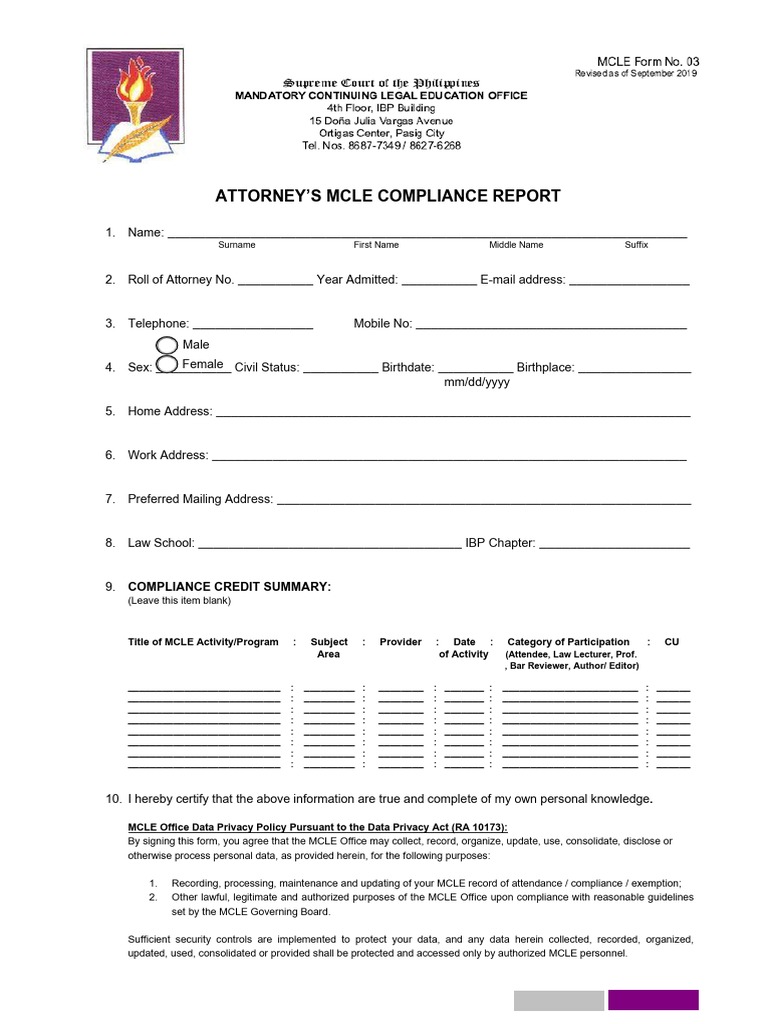 Fillable PDF (MCLE Form 3) Attorney's MCLE Compliance Report | PDF | Human Rights | Data Management
