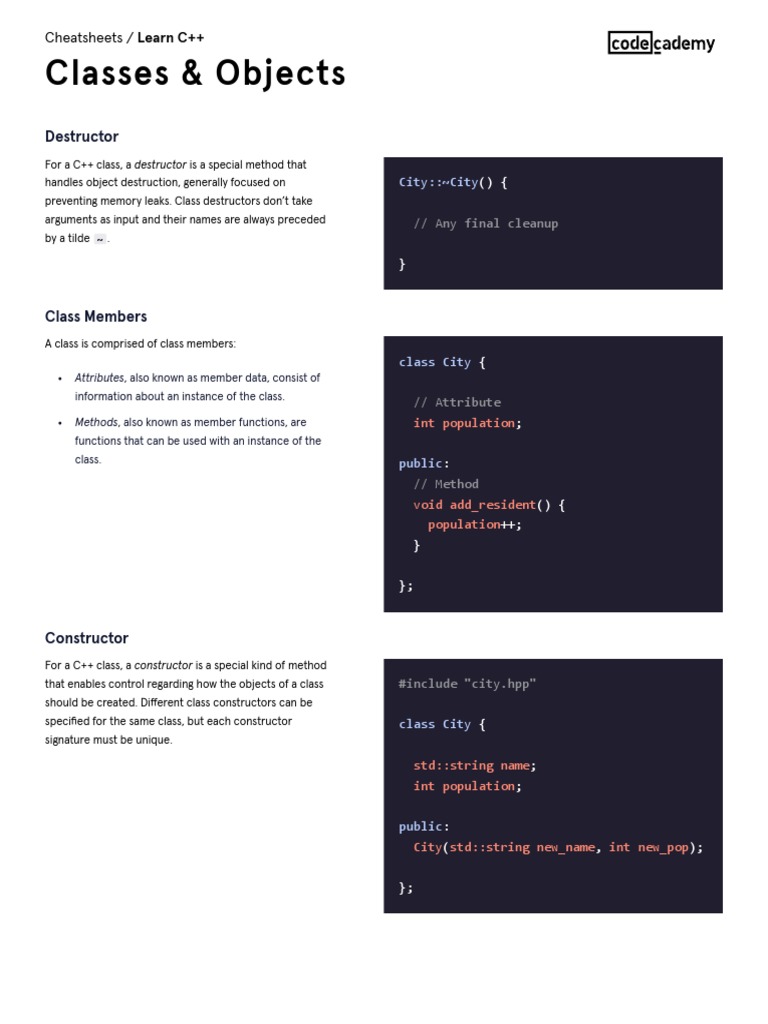 Learn C++ - Classes & Objects Cheatsheet - Codecademy | PDF | Class (Computer Programming ...