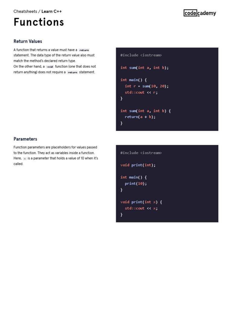 Learn C++ - Functions Cheatsheet - Codecademy | PDF | Parameter ... Learn C++ - Functions Cheatsheet - Codecademy | PDF | Parameter ...