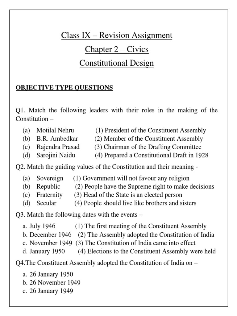 Class IX - Revision Assignment Chapter 2 - Civics Constitutional Design ...