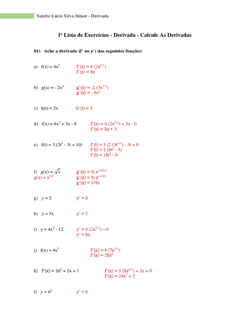 1º Lista De Exercícios Derivada Calcule As Derivadas Pdf