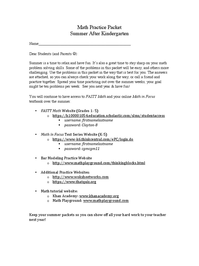 Math Practice Packet Summer After Kindergarten: Username ...