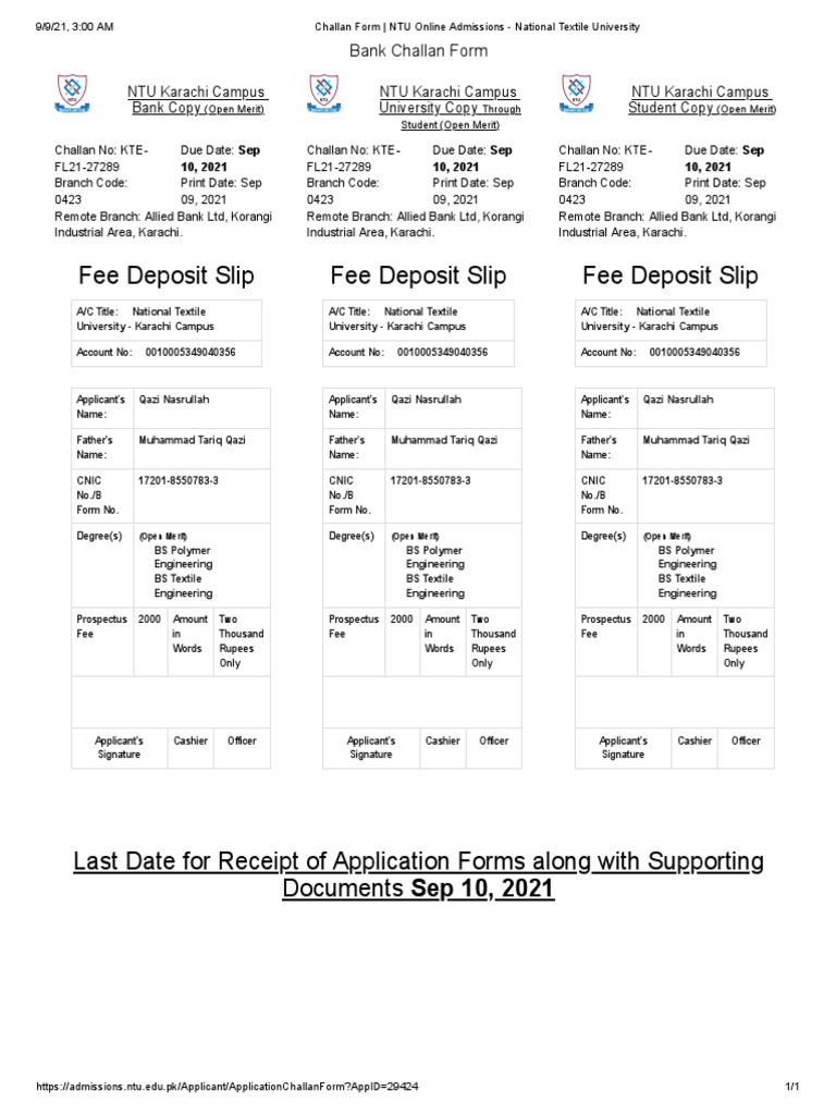 Challan Form - NTU Online Admissions - National Textile University ...