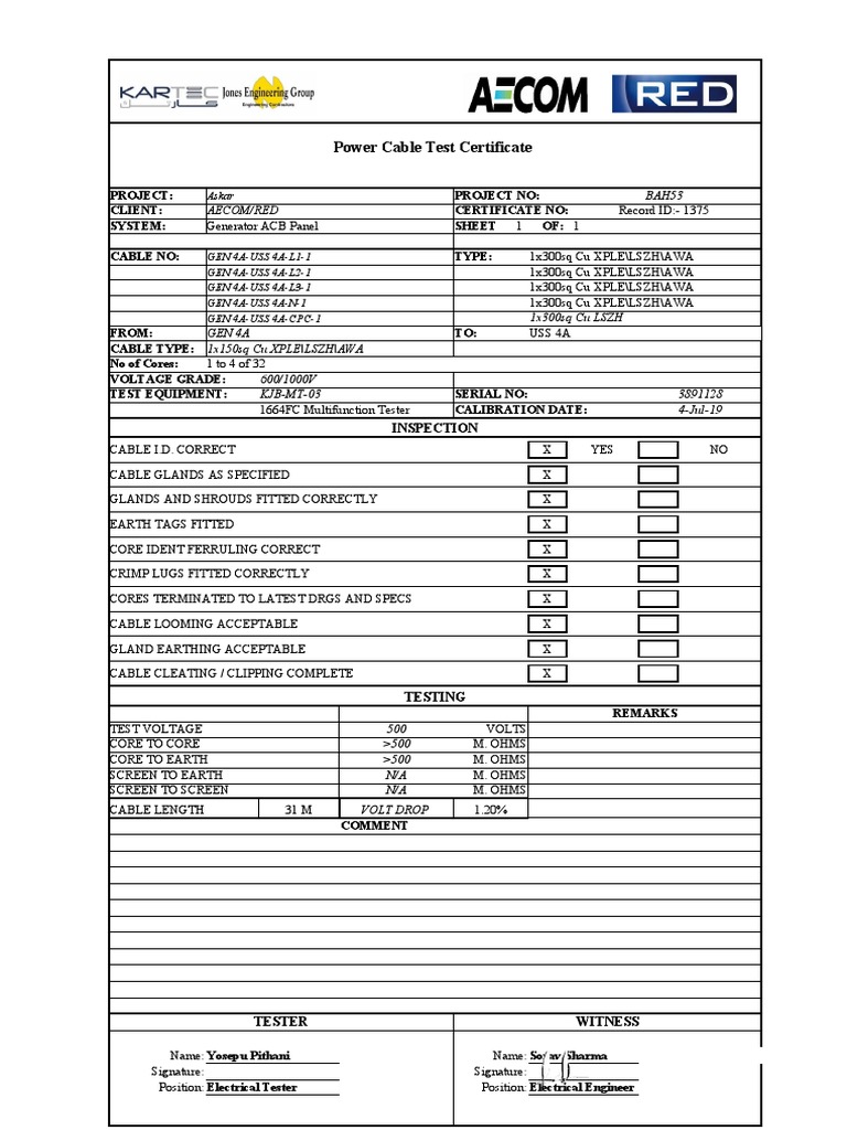 Power Cable Certificate | PDF | Equipment | Electrical Equipment
