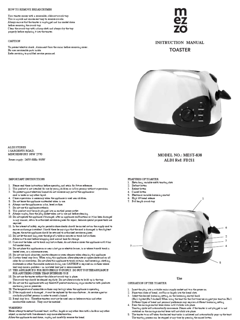 Mezzo Tevion MEST-838 Toaster Operating Instructions | PDF | Toast | Ac ...