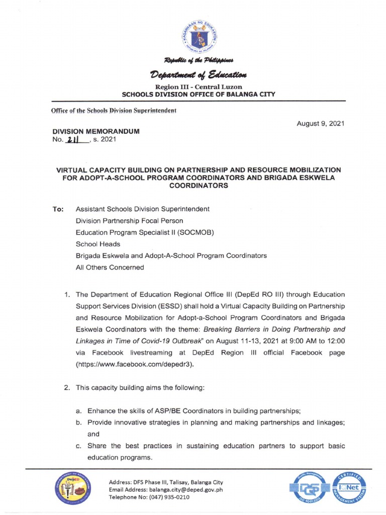 Division Memorandum No. 211 S. 2021 | PDF