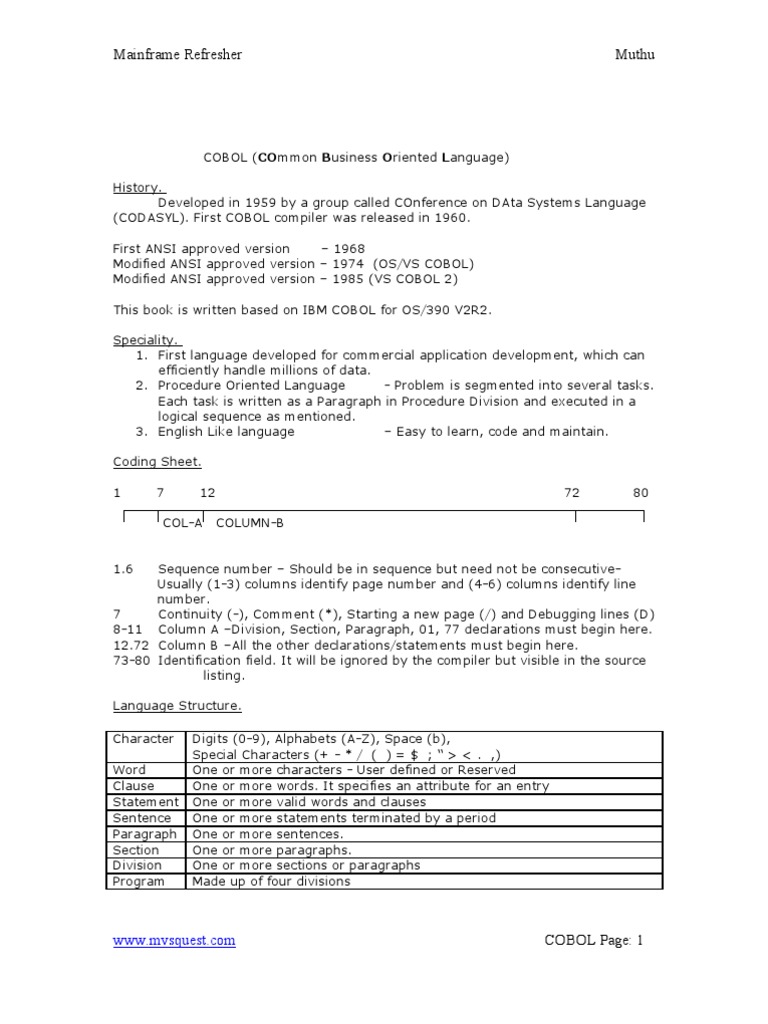 COBOL Mainframe Basics Guide | PDF | Array Data Structure | Notation