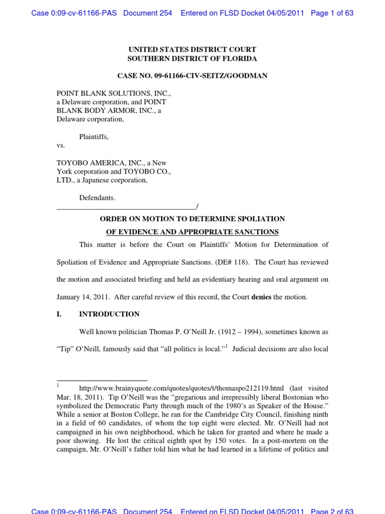 Spoliation of Evidence Ruling in FL Case | PDF | Lawsuit | Discovery (Law)