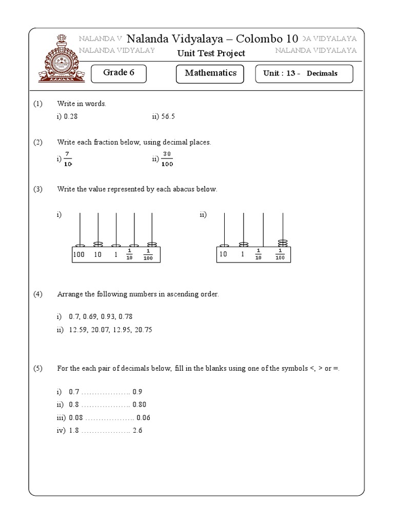 Nalanda Vidyalaya - Colombo 10: Grade 6 Unit Test Project Project ...