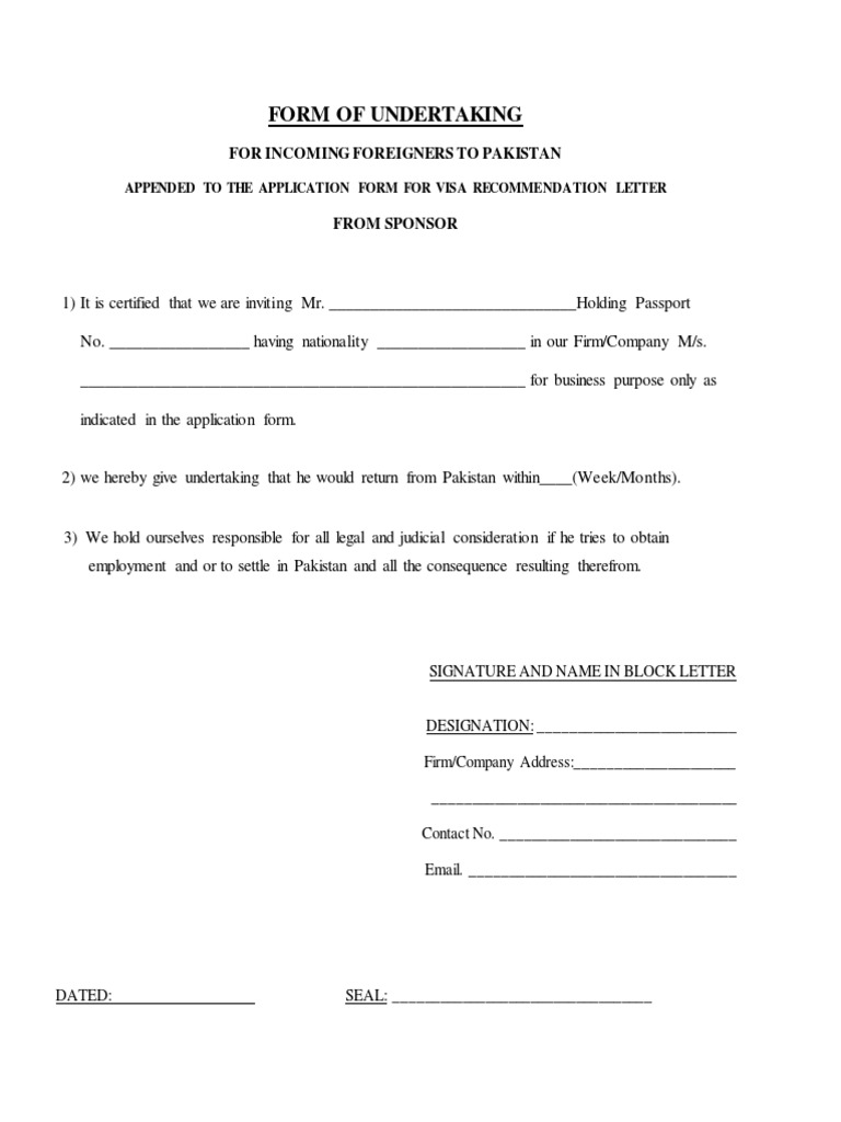 Form of Undertaking: For Incoming Foreigners To Pakistan | PDF