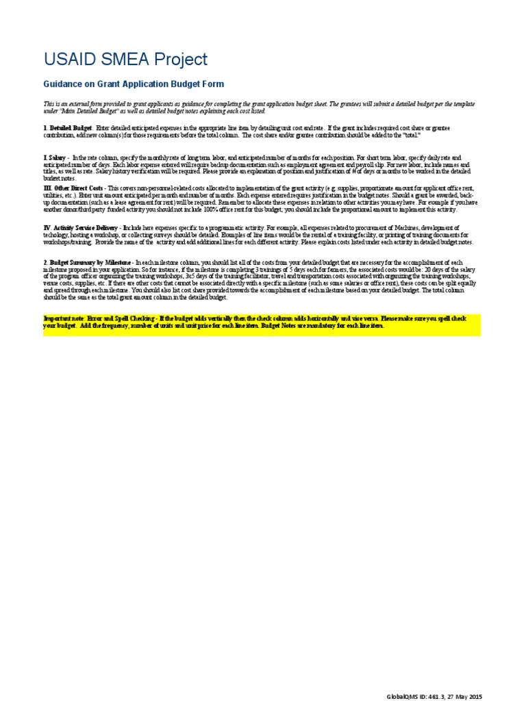 USAID SMEA Project: Guidance On Grant Application Budget Form | PDF ...