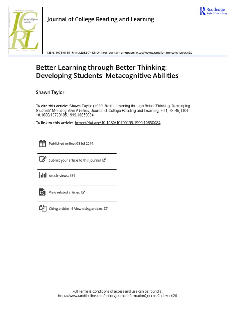 Better Learning Through Better Thinking Developing Students Metacognitive Abilities | PDF ...