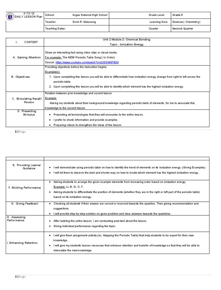 KTO12 Daily Lesson Plan Grade 9 Science (Chemistry) Second Quarter ...