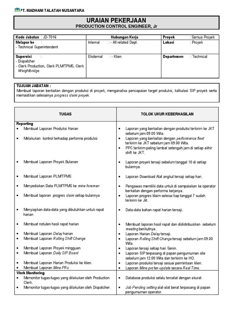 JD-TE016. Production Control Engineer, JR | PDF