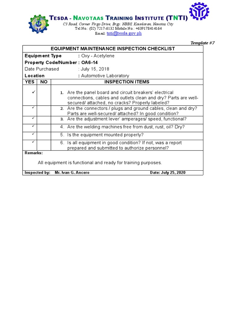 Equipment Maintenance Inspection Checklist | PDF