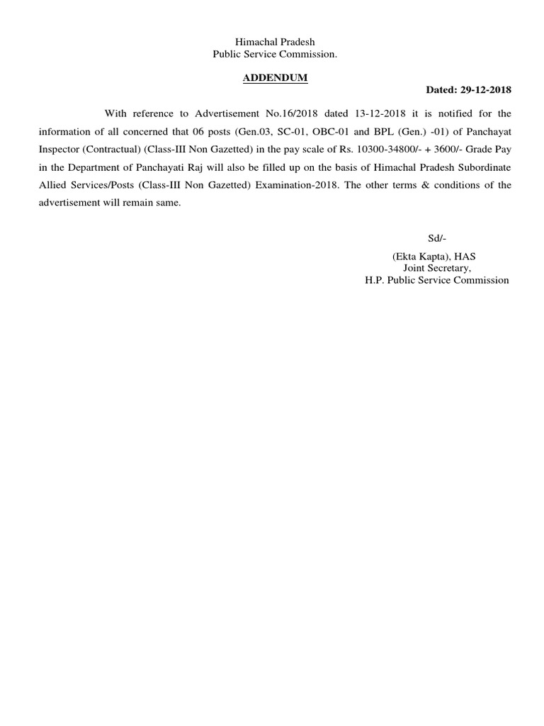 2018 - 12 - ADDENDUM-Advertisement No. 16-2018 (H.P. Subordinate Ailled ...