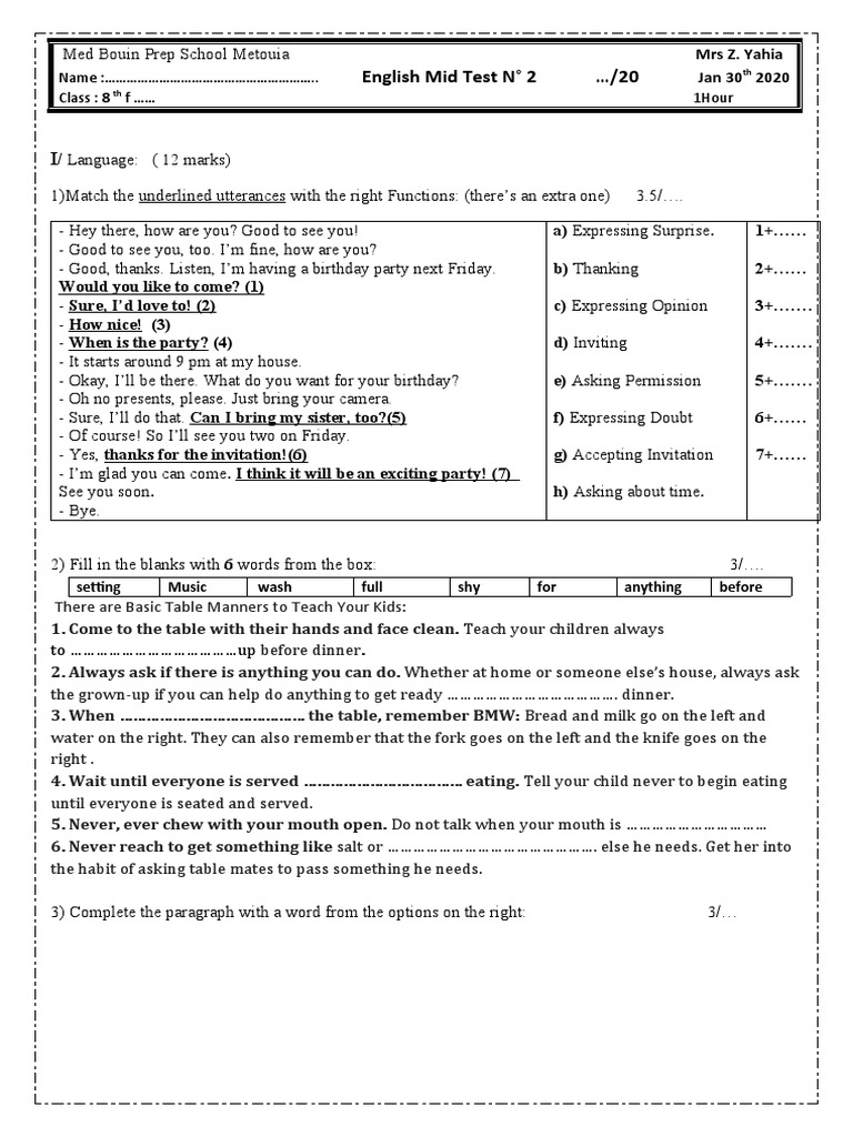 English Mid Test #2 /20: Mrs Z. Yahia Jan 30 2020 8 | PDF