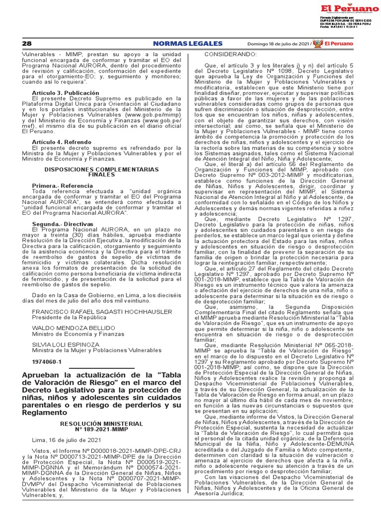 RM 189-2021-MIMP TABLA DE VALORACION DE RIESGO Actualizado Julio 2021 ...