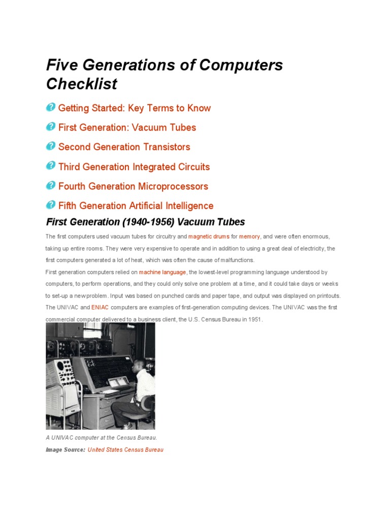 Five Generations of Computers Checklist | PDF | Microprocessor | Integrated Circuit