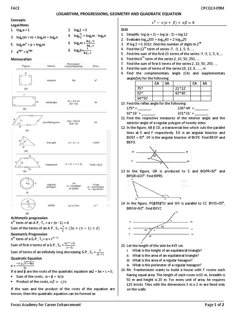 Logarithm, Geometry, Progression and Mensuration | PDF | Area | Triangle