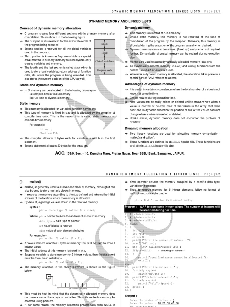 1 Dynamic Memory Allocation Pdf Pointer Computer Programming Computing 