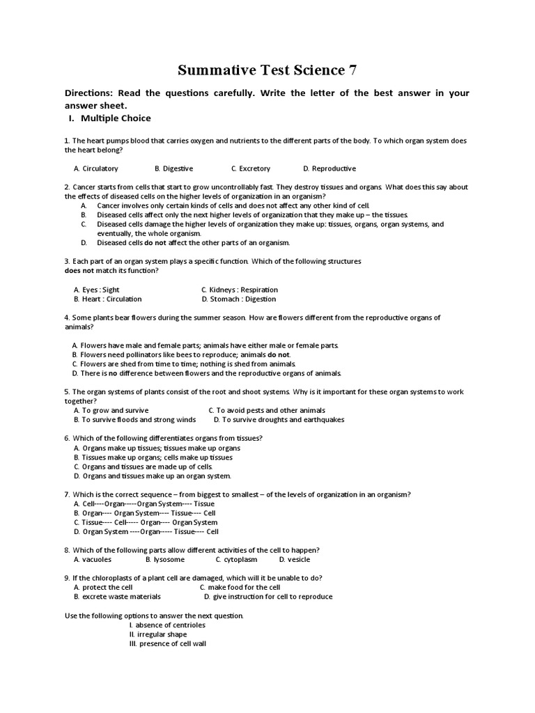 Science 7 Summative Test Guide | PDF | Tissue (Biology) | Organ (Anatomy)