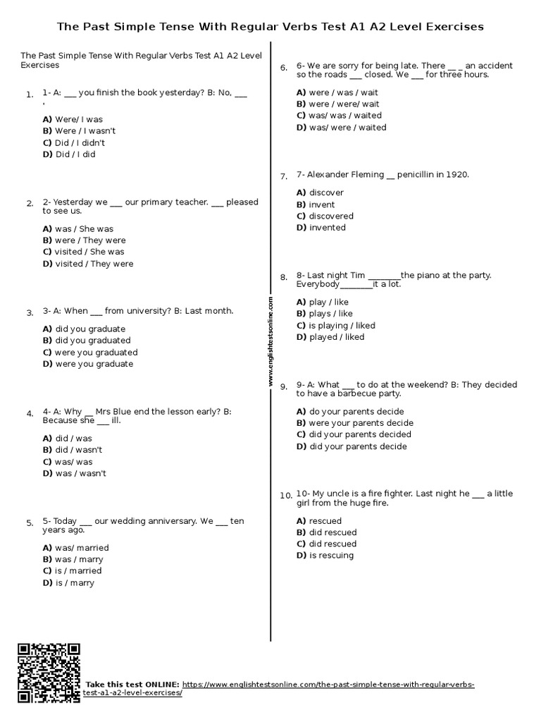 Past Simple Tense Regular Verbs Test | PDF | Grammar