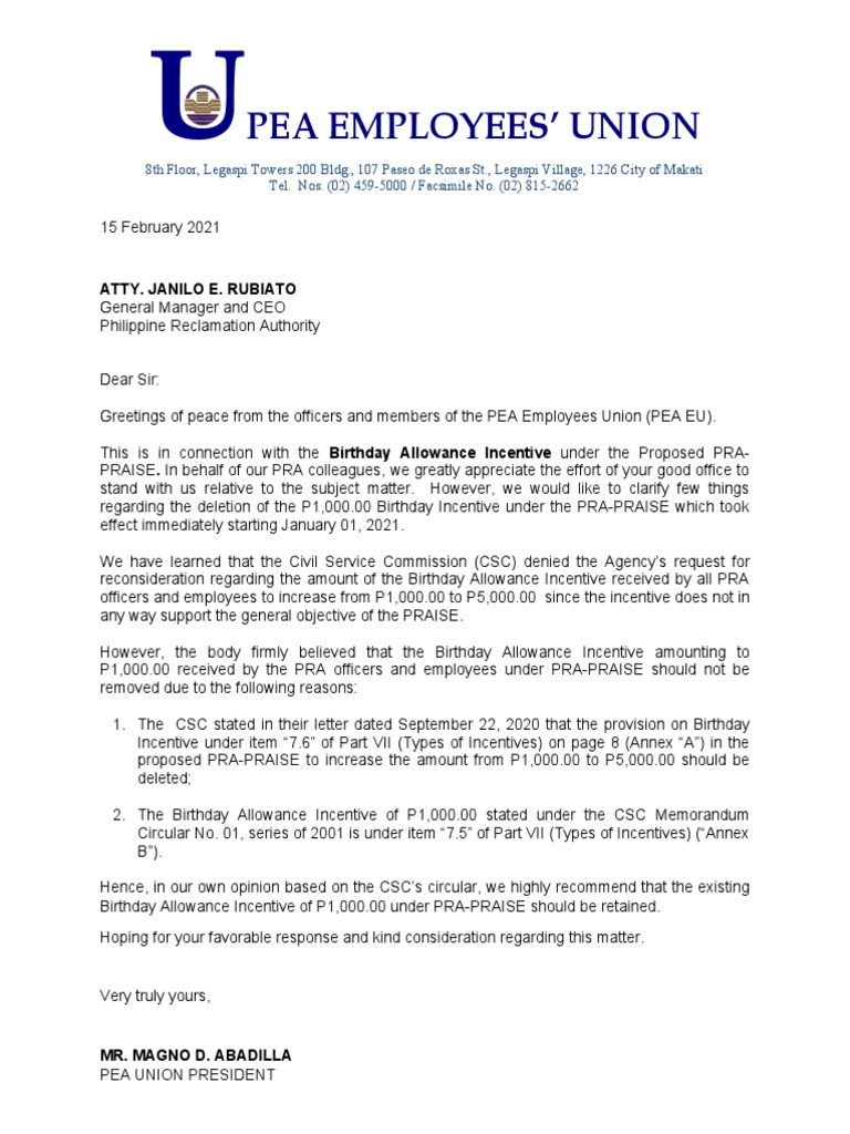 Letter Birthday Allowance | PDF