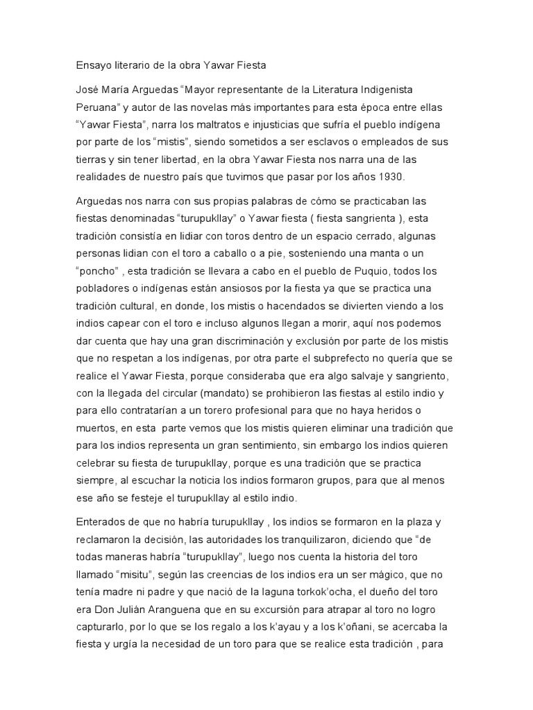 Ensayo Literario de La Obra Yawar Fiesta | PDF | Historia