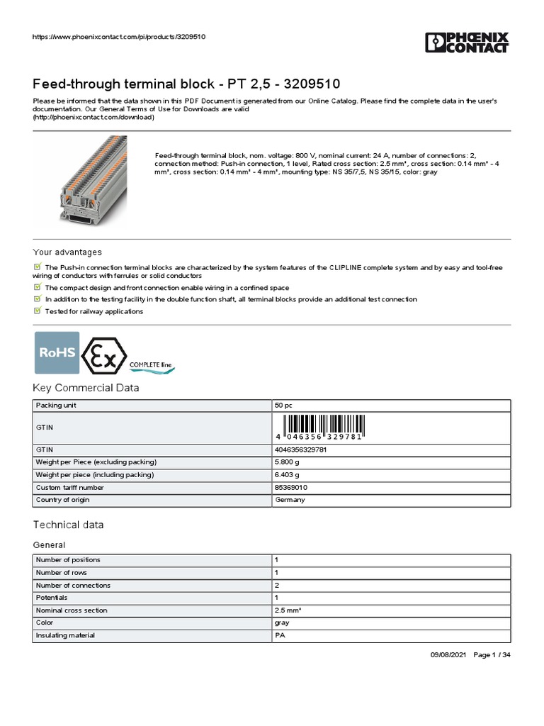 Feed-Through Terminal Block - PT 2,5 - 3209510: Key Commercial Data | PDF | Electrical Connector ...