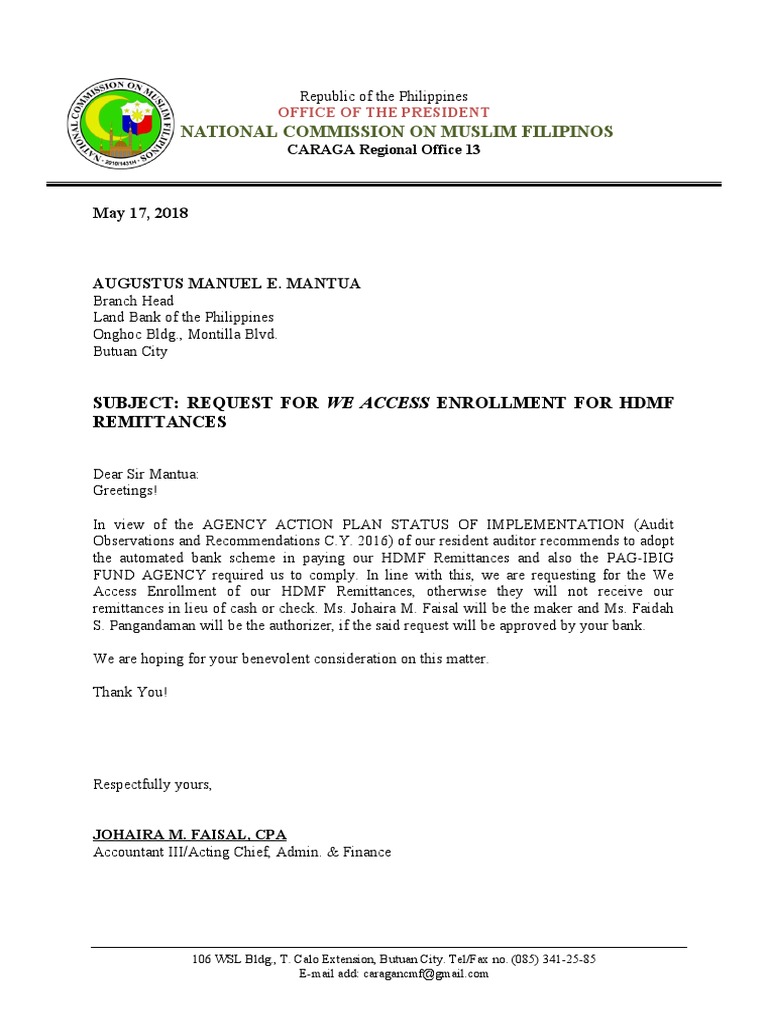 National Commission On Muslim Filipinos: Subject: Request For We Access ...