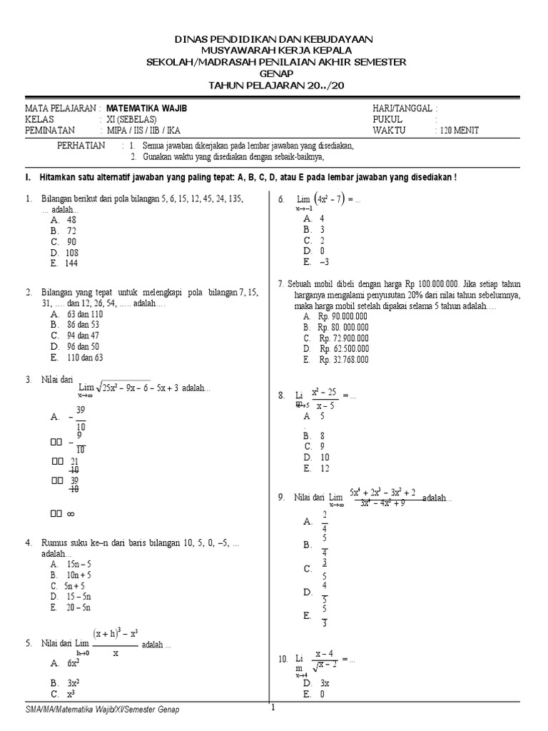 Soal PAT MTK Wajib Kelas XI K13 | PDF