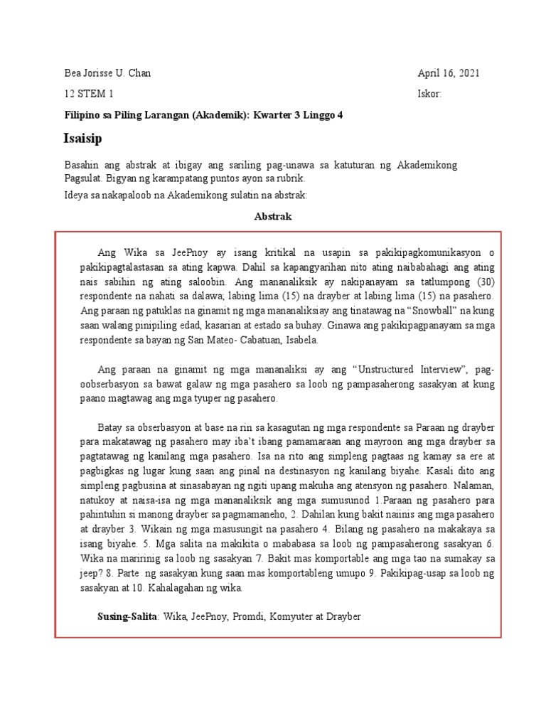 Filipino Sa Piling Larangan Q3W4 Awtput, Chan Bea Jorisse, Stem 1 | PDF