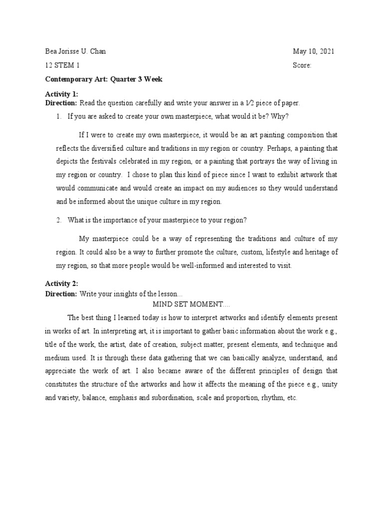 Contemporary Art: Quarter 3 Week Activity 1: Direction: Read The ...