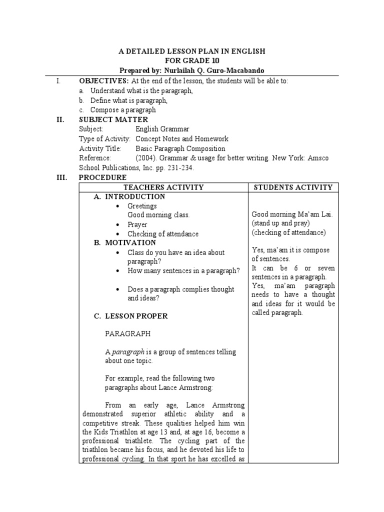 A Detailed Lesson Plan in English | PDF | Paragraph | Lesson Plan