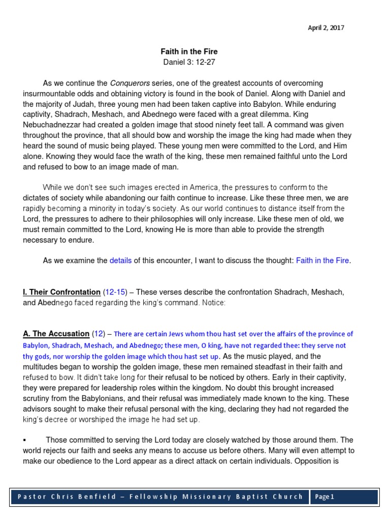 Faith in The Fire - Daniel 3 12-27 | PDF | Shadrach, Meshach, And Abednego