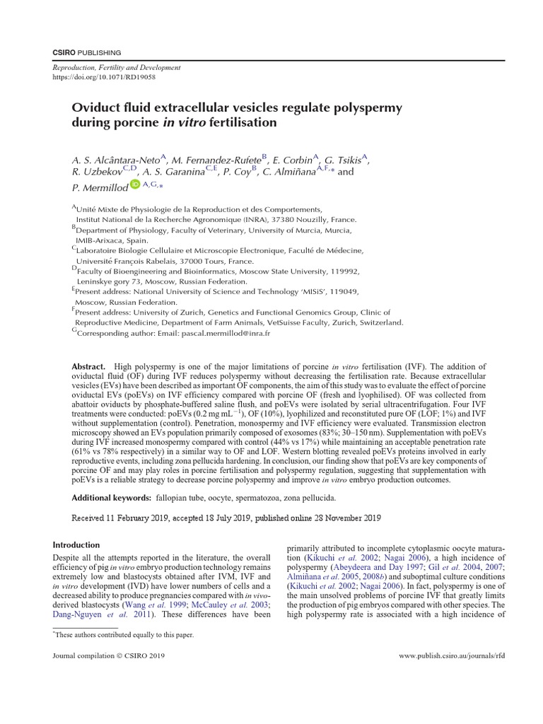 Oviduct EVs Reduce Polyspermy in Pig IVF | PDF | In Vitro Fertilisation ...