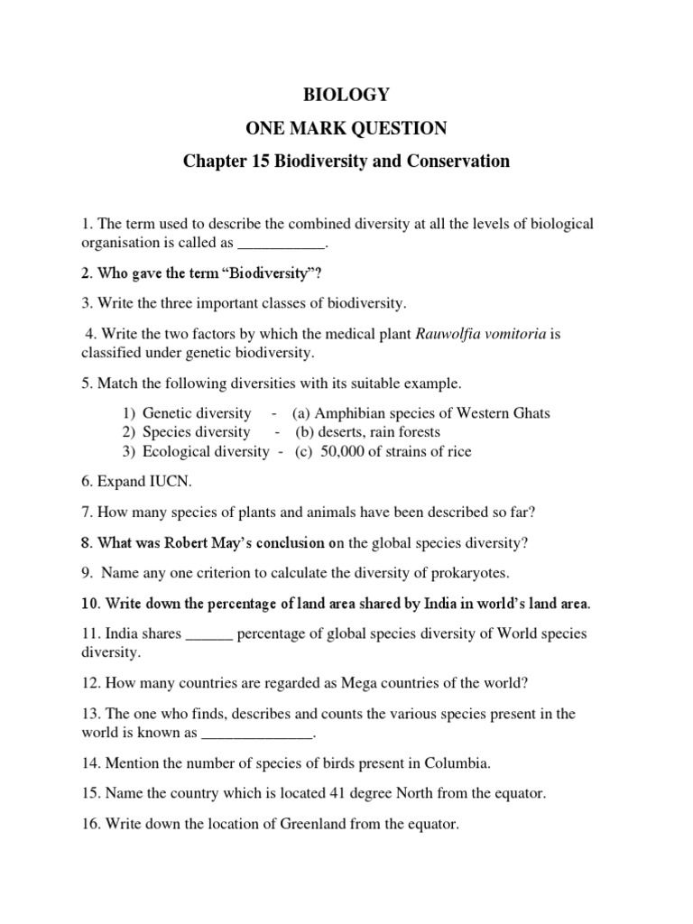 Biology One Mark Question Chapter 15 Biodiversity and Conservation ...