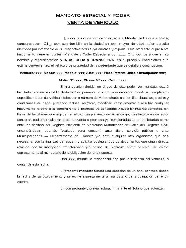 Modelo Mandato y Poder para Venta de Vehiculo | PDF