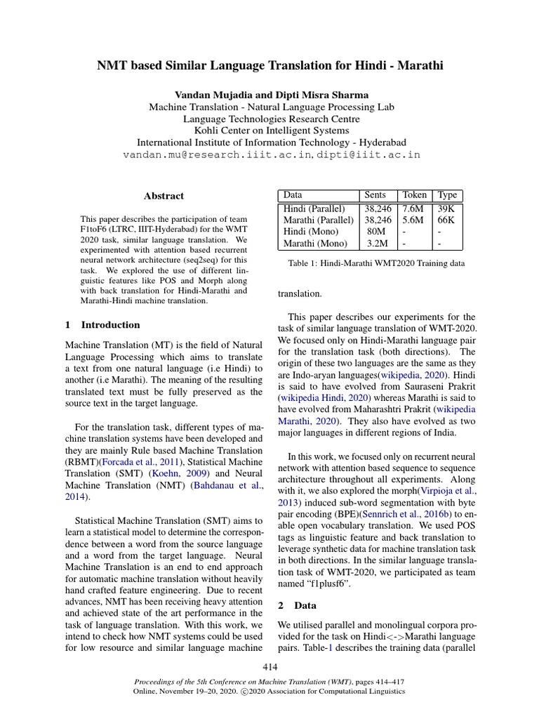 NMT Based Similar Language Translation For Hindi - Marathi | Download ...