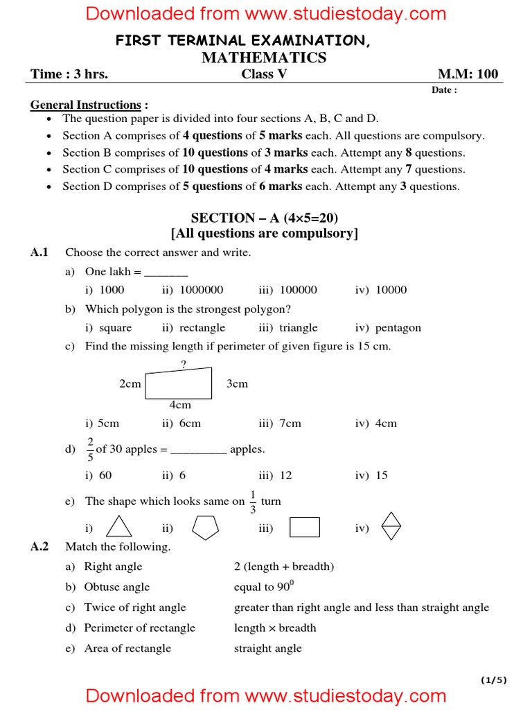 Mathematics: First Terminal Examination, 2015 | PDF | Area | Length